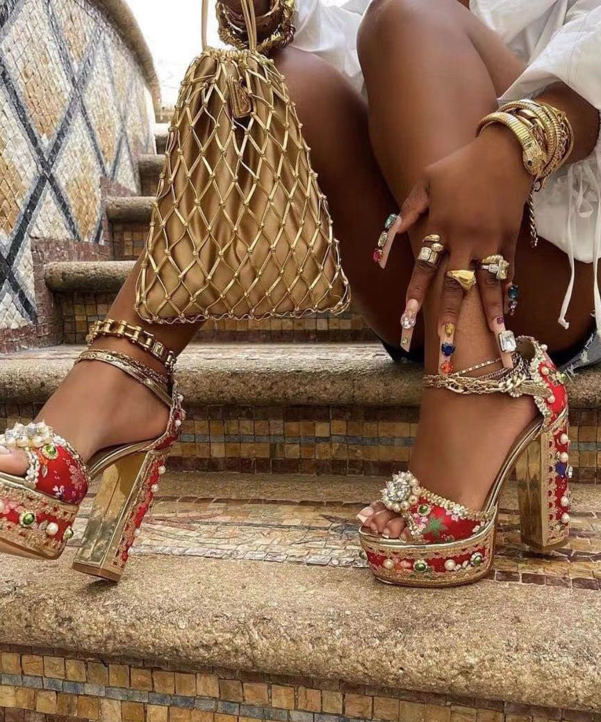 Street Wave Red Zircon Beaded Platform Heels For Women – street-wave.co.uk