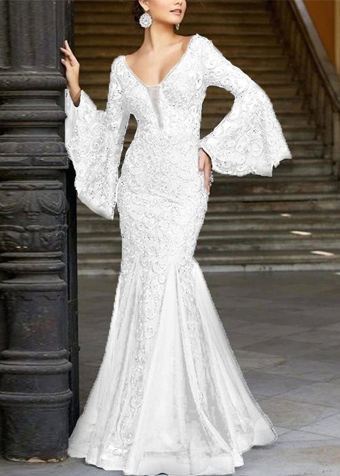 Street Wave White Lace Fishtail Gown With Flare Sleeves – street-wave.co.uk